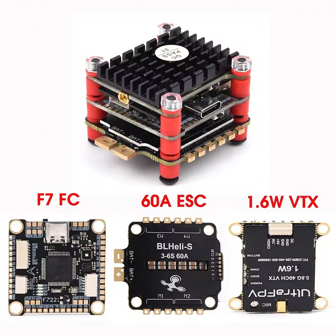 F722 Flight Controller With 4IN1 60A 3-6S Brushless ESC & 1.6W 5.8G JHEMCU VTX