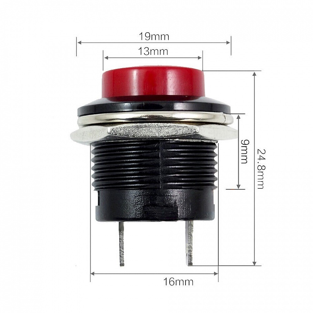 R13-507 16MM 2 Pin Self-Reset Round Cap Push Button Switch - Red