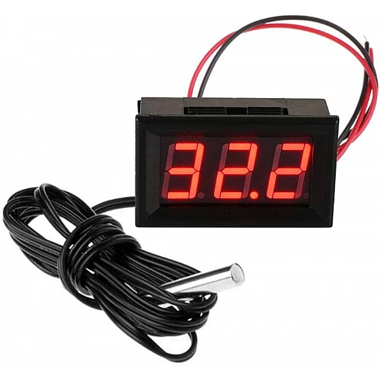12V Red LED Digital Thermometer - Waterproof Probe - Car & Refrigerator