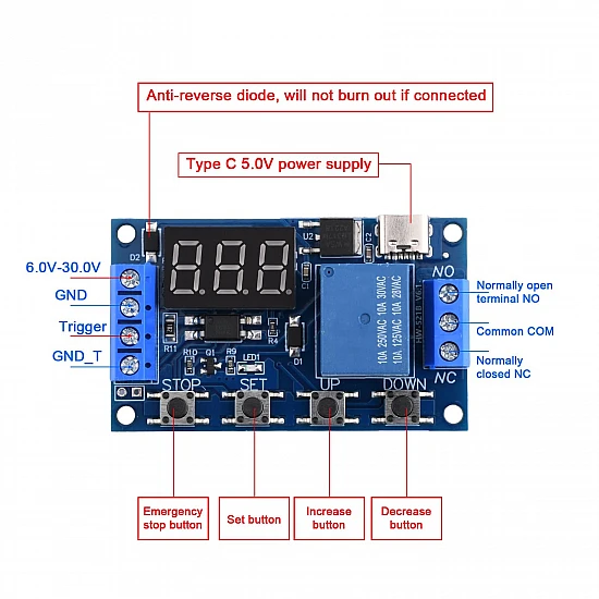 Type-C Delay Relay Switch - 5V-30V Cyclical Timer Module